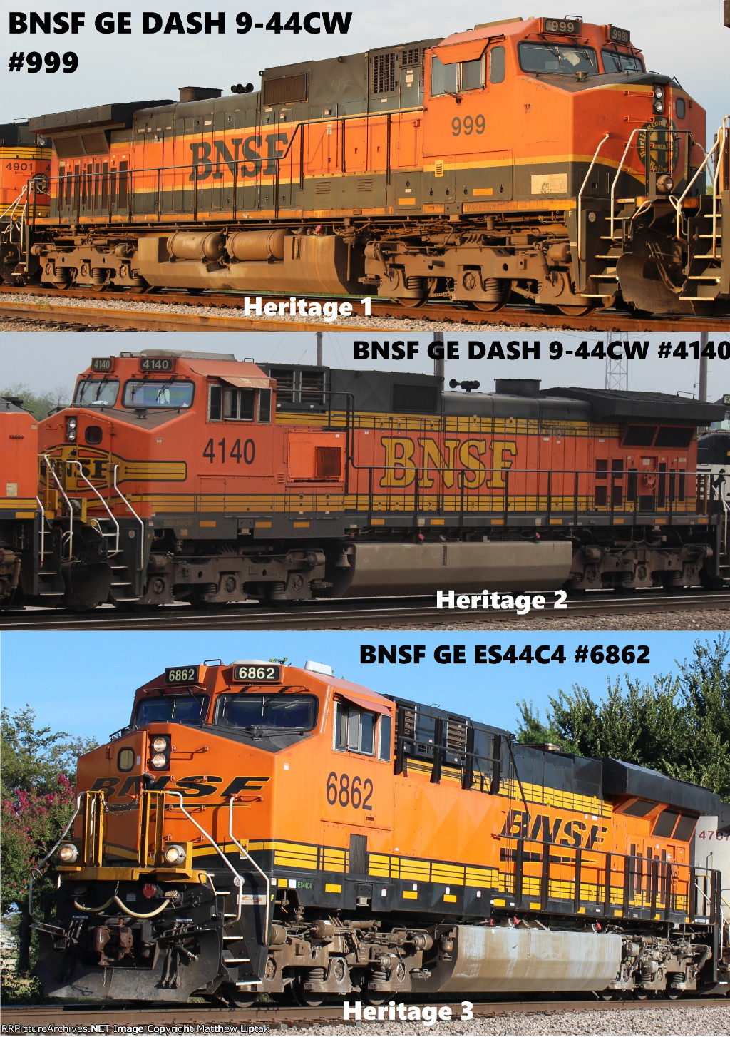 BNSF Railway's H1, H2, and H3 paint schemes side by side.